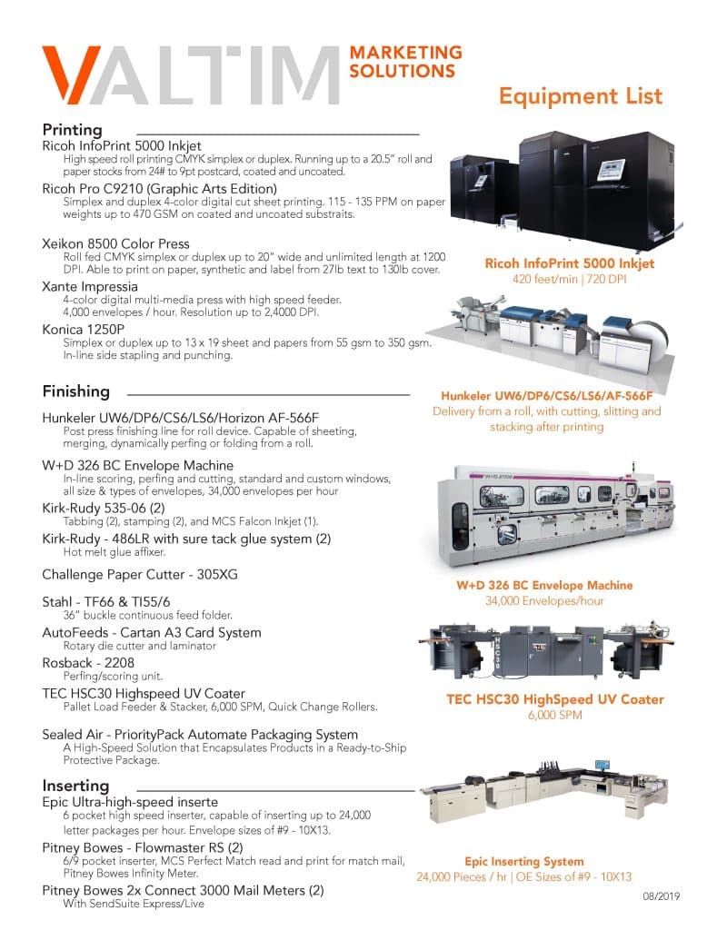 Download Valtim's print and direct mail equipment list